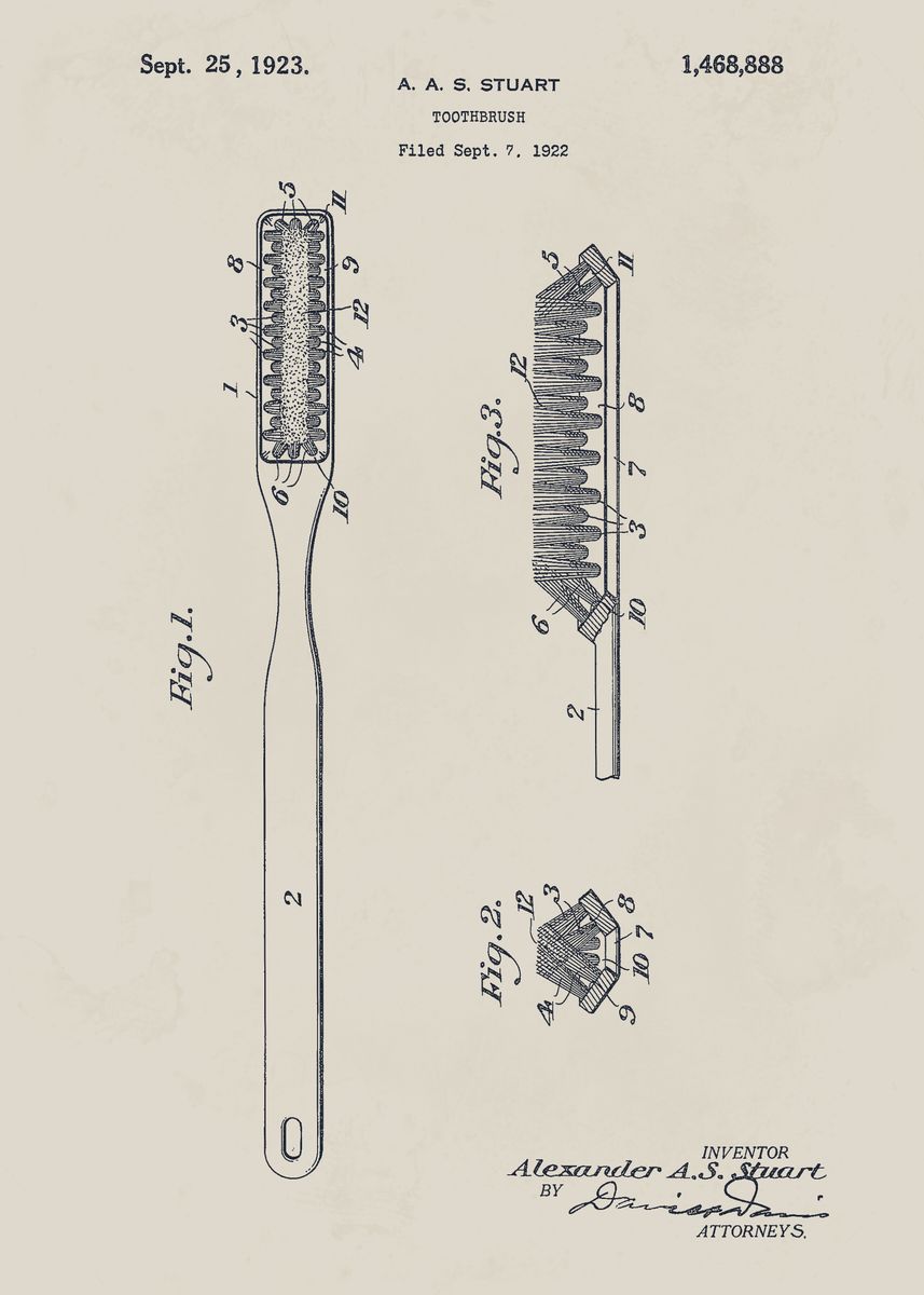 'Toothbrush Patent Illustration' Poster, picture, metal print, paint by ...