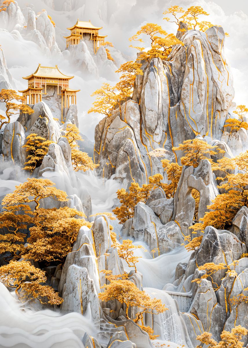 'Golden Mountain Temple Landscape' Poster, picture, metal print, paint ...