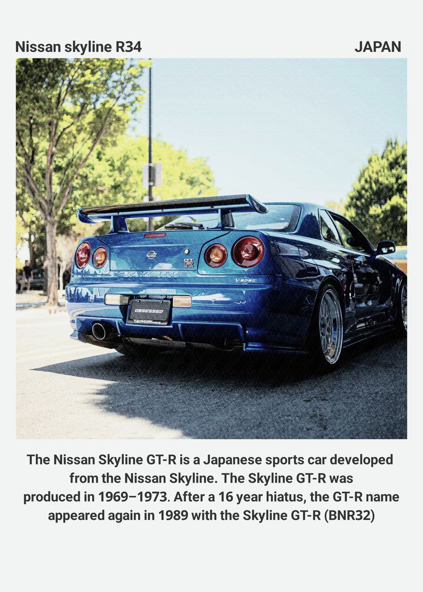'Nissan Skyline R34 GT-R' Poster, picture, metal print, paint by ...