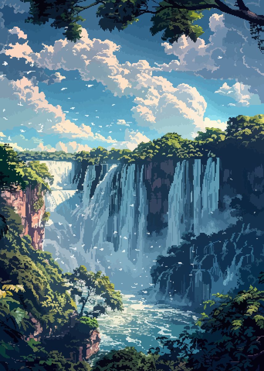 'Tropical Waterfall Pixel Art' Poster, picture, metal print, paint by ...