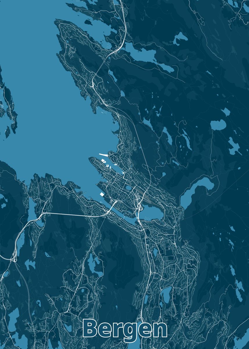 'Bergen City Map' Poster, picture, metal print, paint by Sam Kal | Displate
