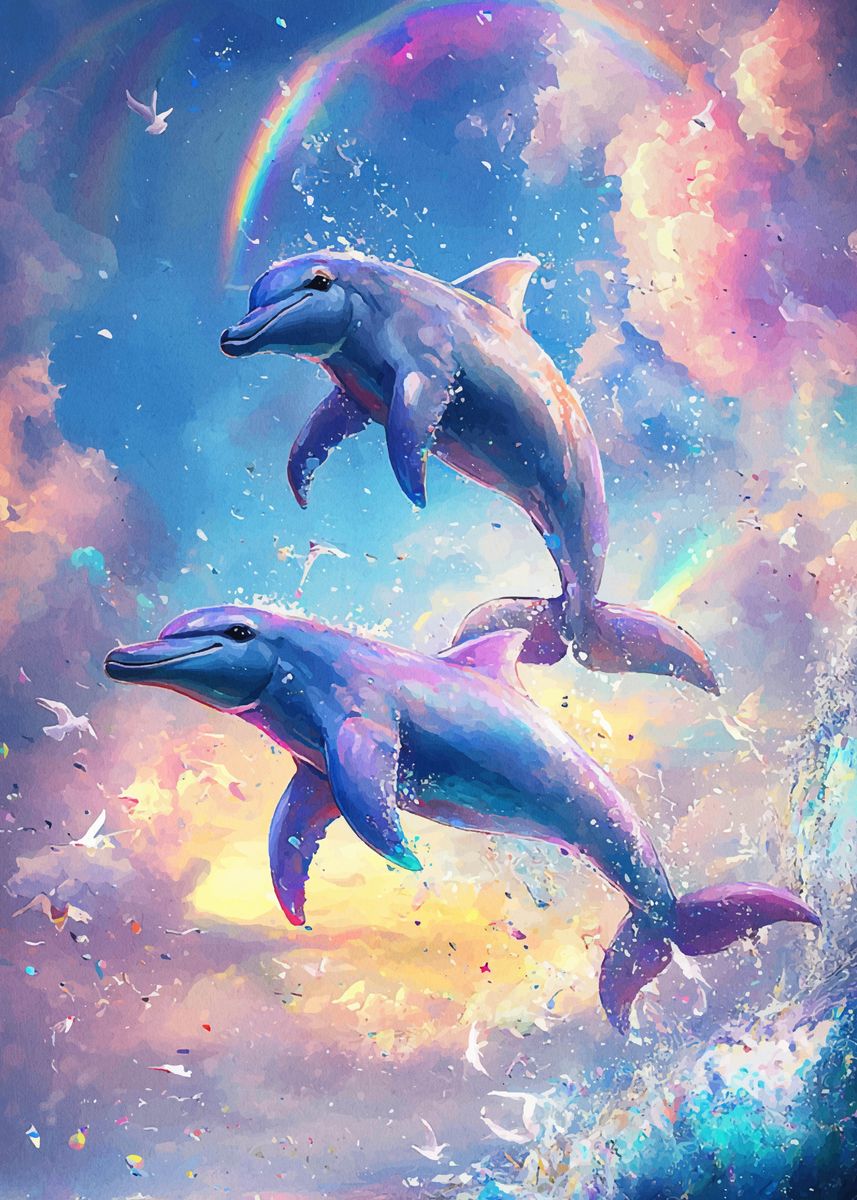 'Dolphins Jumping Rainbow' Poster, picture, metal print, paint by ...