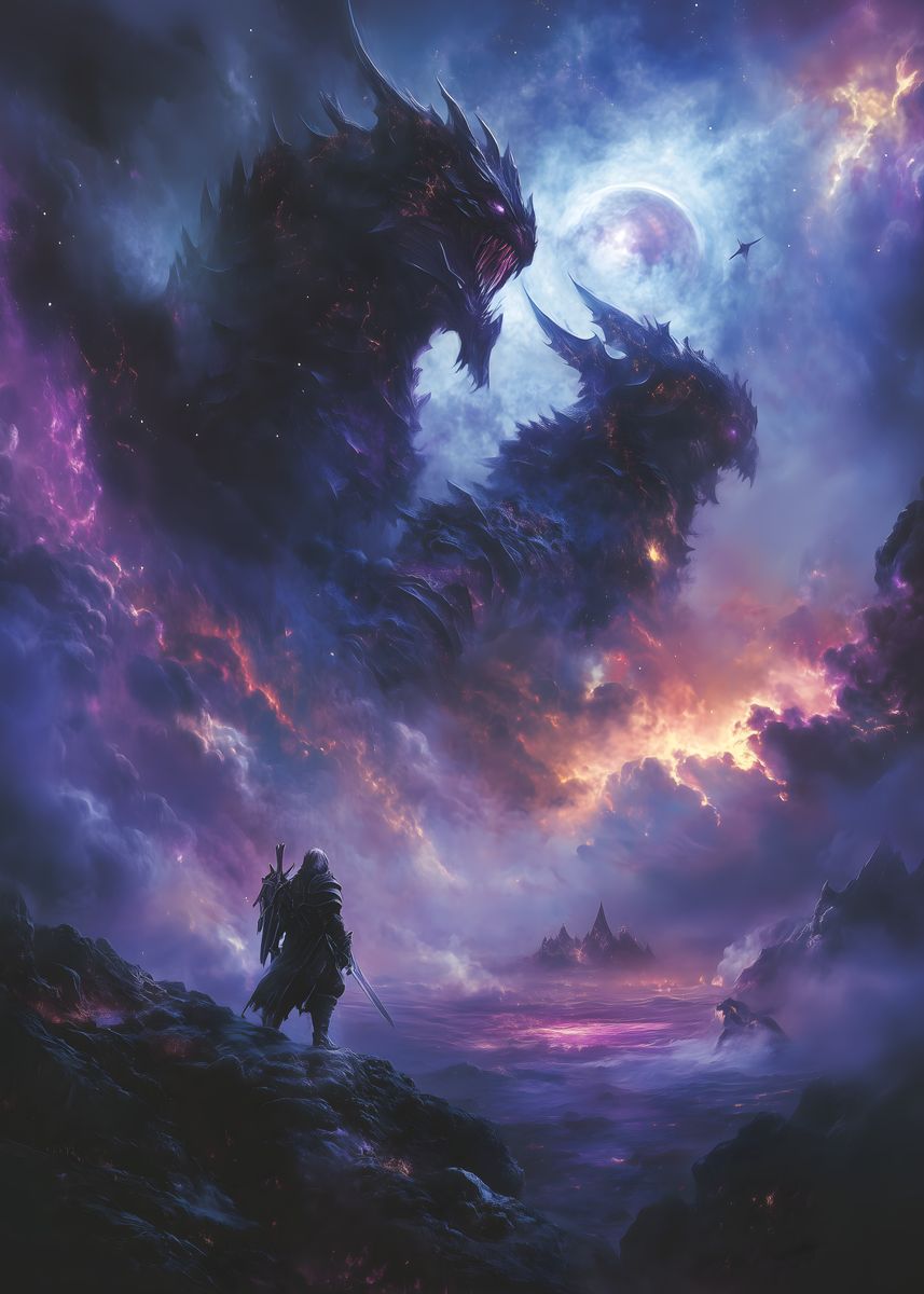 'Dragons vs one Man Battle' Poster, picture, metal print, paint by ...