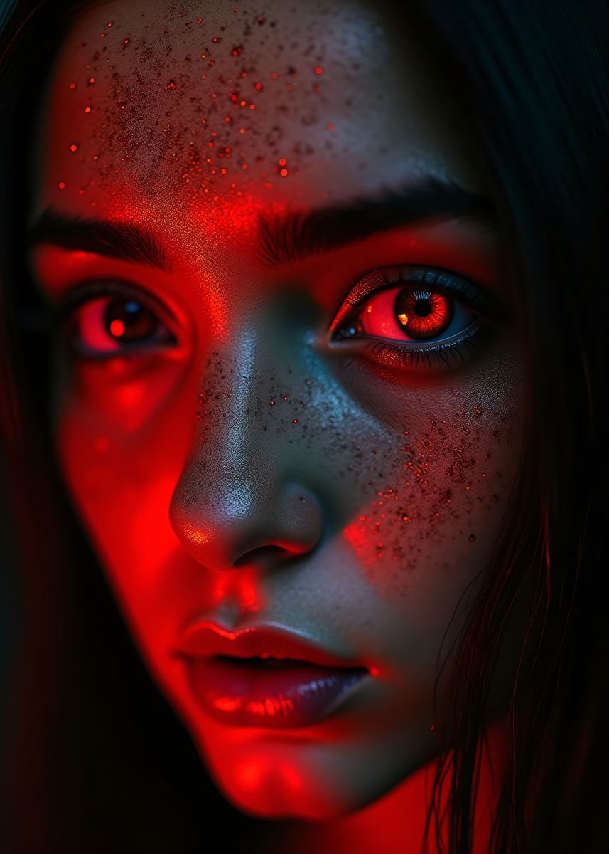 'Red Light Girl Glowing Eyes Portrait' Poster, picture, metal print ...