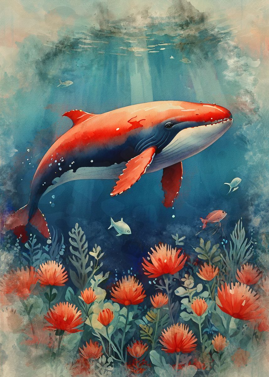 'Red Whale Underwater' Poster, picture, metal print, paint by Tiny ...