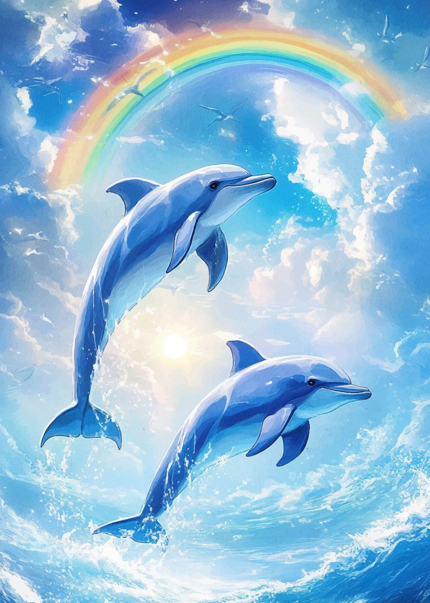 'Dolphins Jumping Rainbow' Poster, picture, metal print, paint by ...
