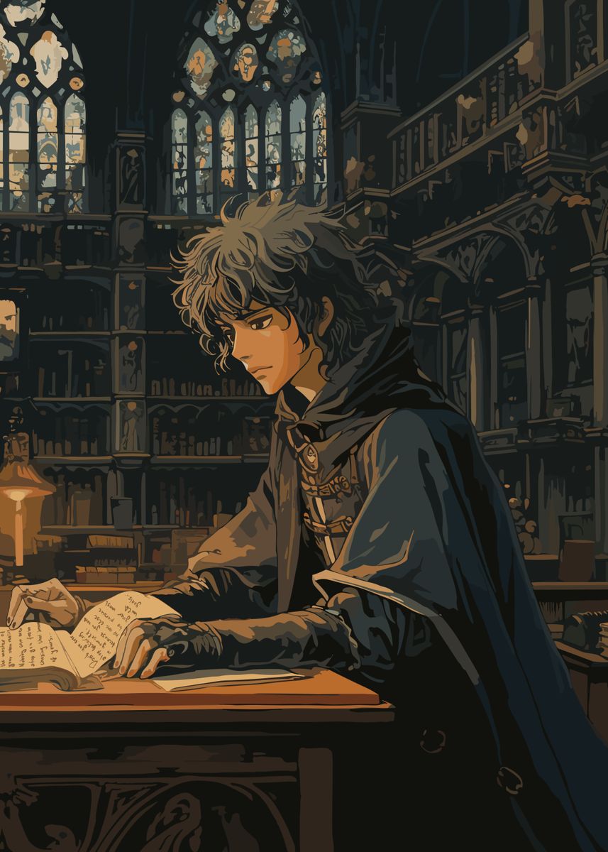 'Medieval Anime Boy in Library' Poster, picture, metal print, paint by ...