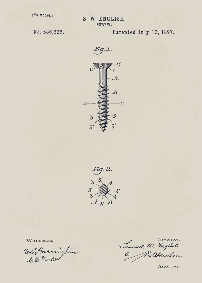 'Screw Patent Illustration' Poster, picture, metal print, paint by ...
