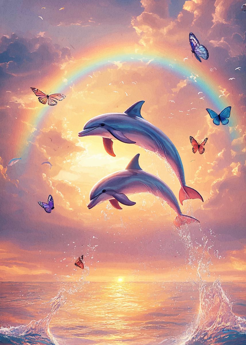 'Dolphins and Rainbow Sunset' Poster, picture, metal print, paint by Shae Pace | Displate