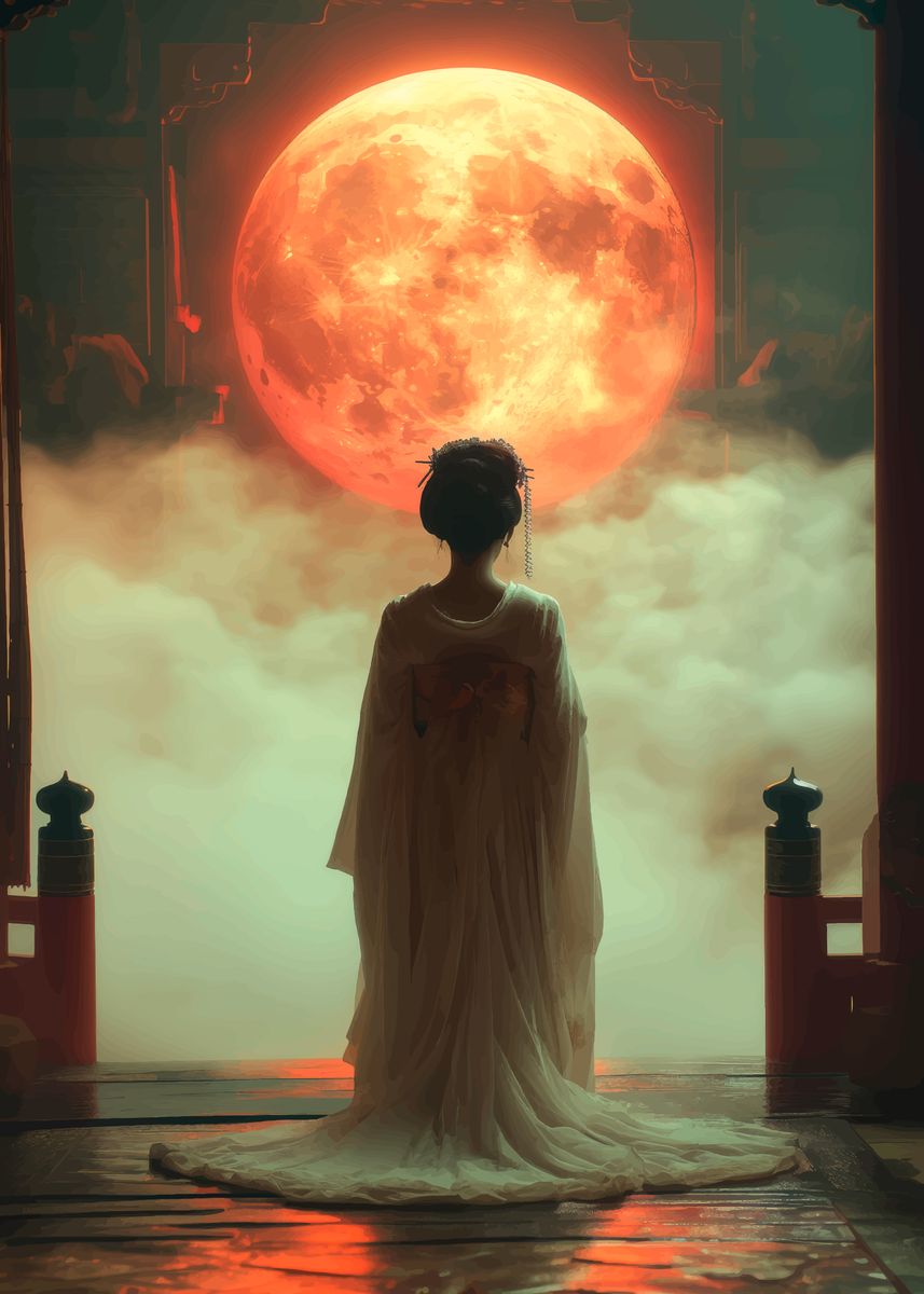 'Geisha Under Blood Moon' Poster, picture, metal print, paint by | Displate