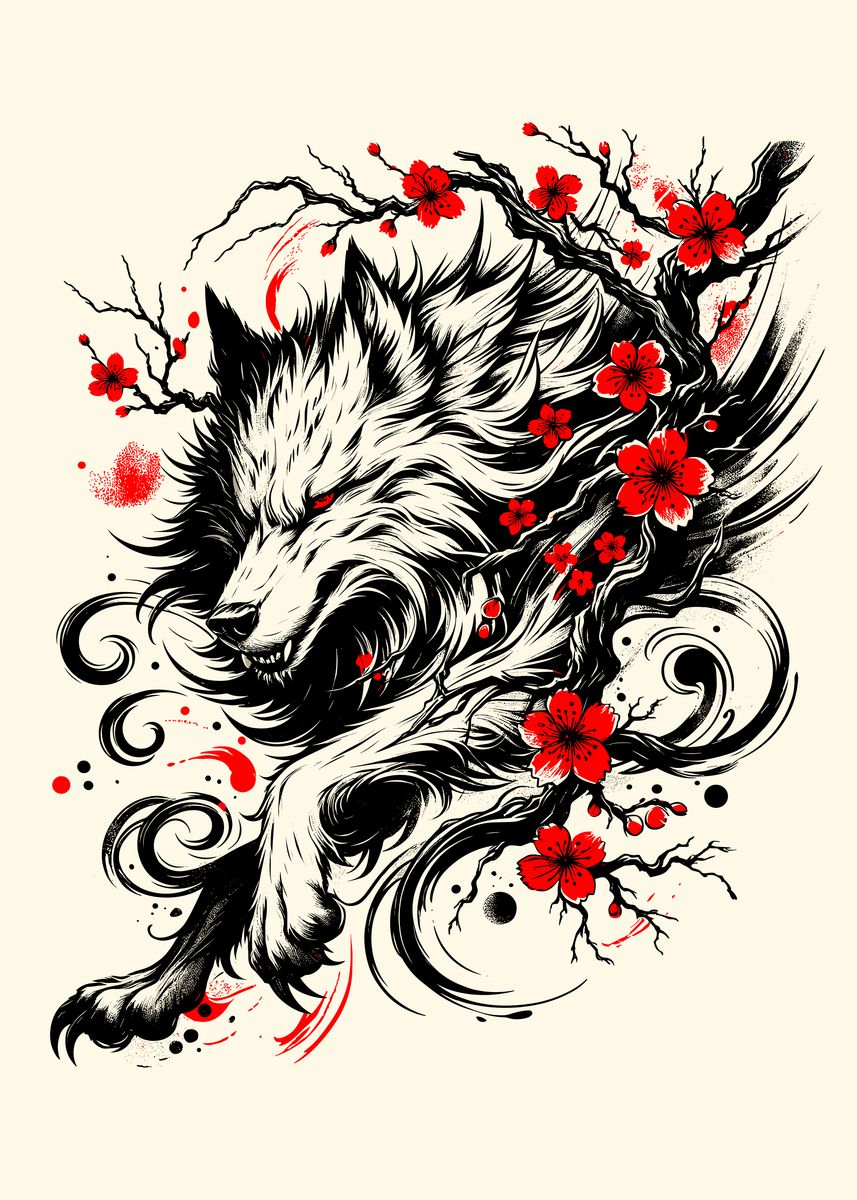 'Ukiyo-e Wolf and Cherry Blossoms' Poster, picture, metal print, paint ...