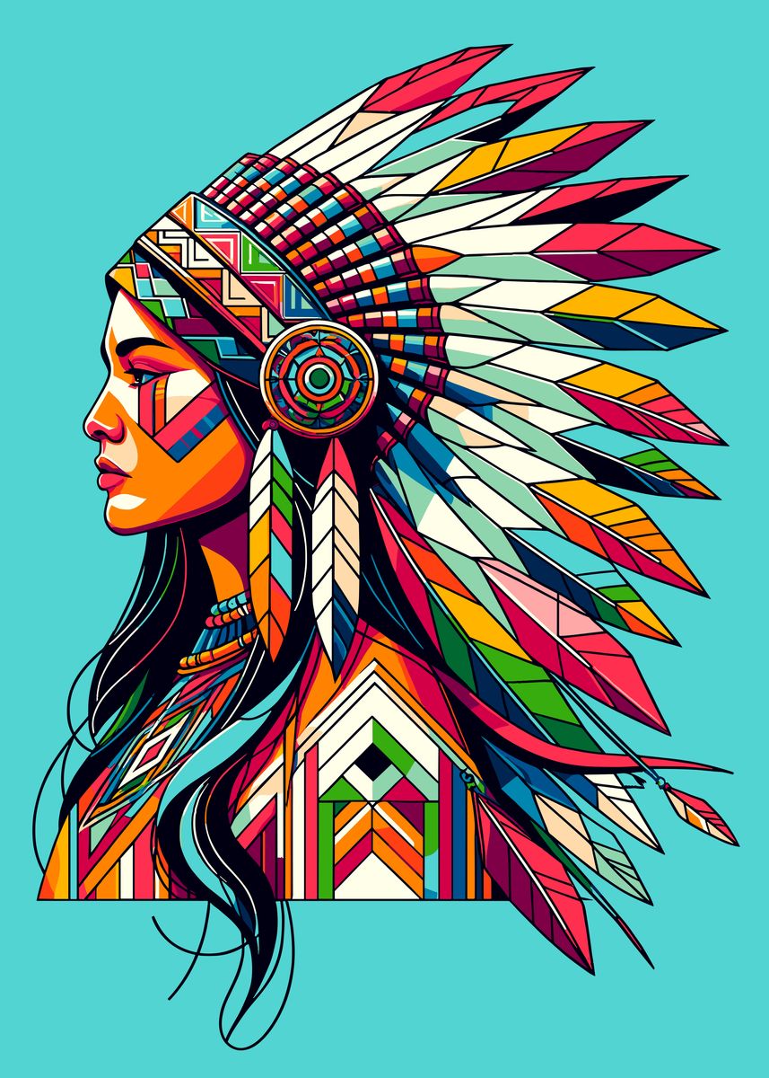 'Native American Woman in Headdress wpap pop art coloful' Poster ...