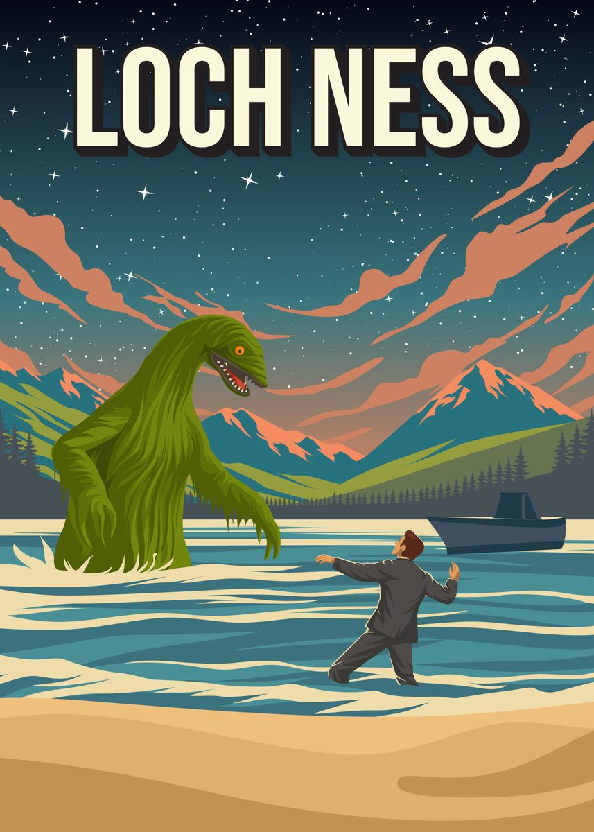 'Loch Ness Monster Cryptid Travel Poster' Poster, picture, metal print, paint by Jorn | Displate