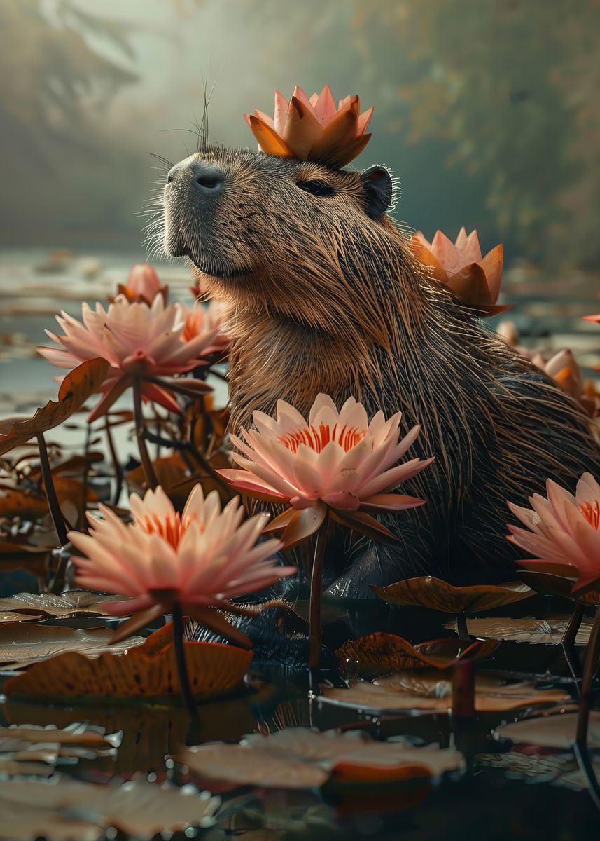 'Capybara with Lotus Crown' Poster, picture, metal print, paint by ...
