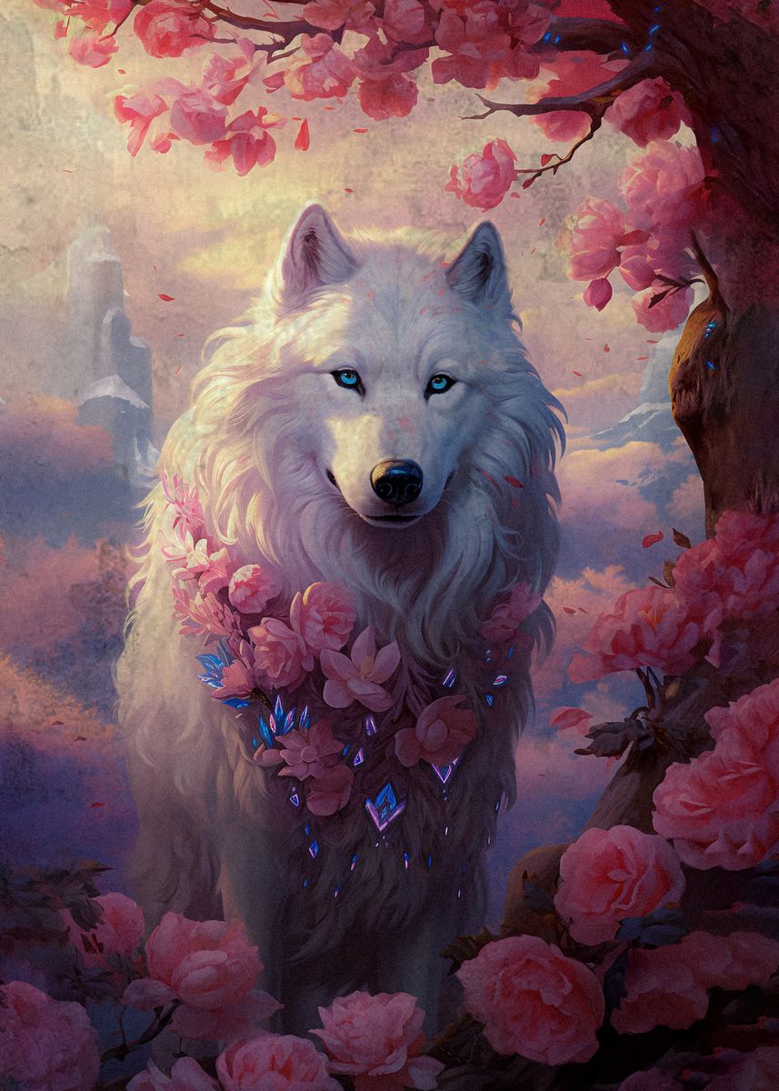 ' Wolf Flowers' Poster, picture, metal print, paint by | Displate