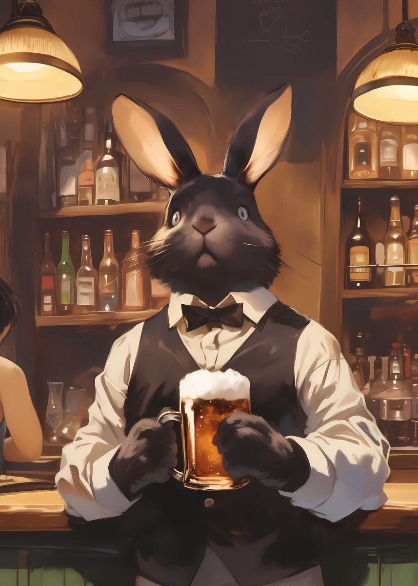'Rabbit Bartender with Beer' Poster, picture, metal print, paint by ...