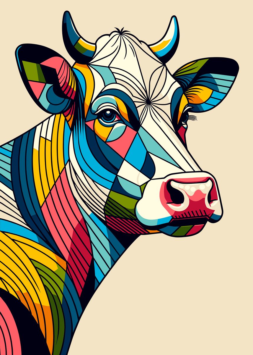 'Geometric Cow Portrait wpap pop art colorful' Poster, picture, metal ...