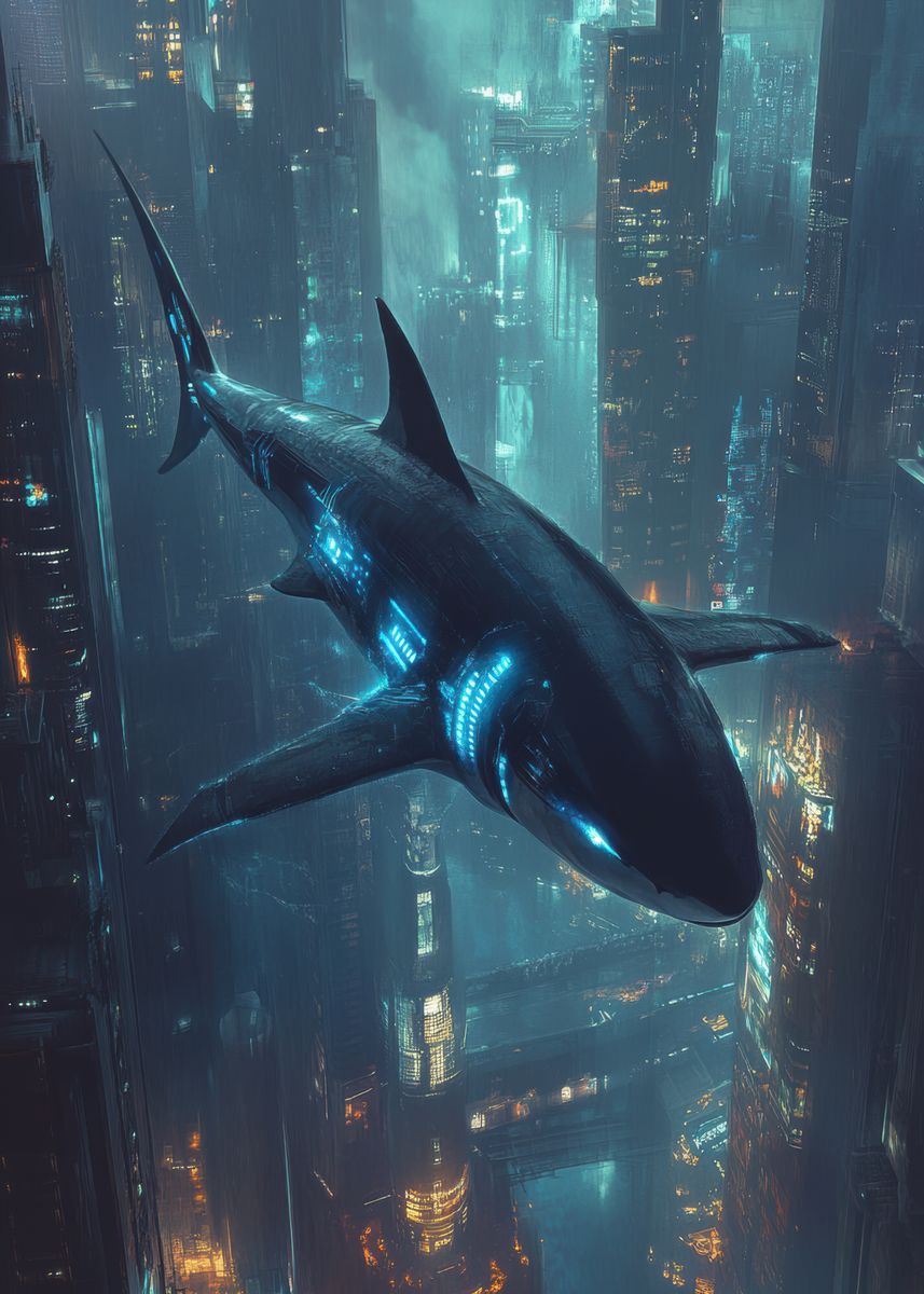 'Cyberpunk Shark Cityscape' Poster, picture, metal print, paint by ...