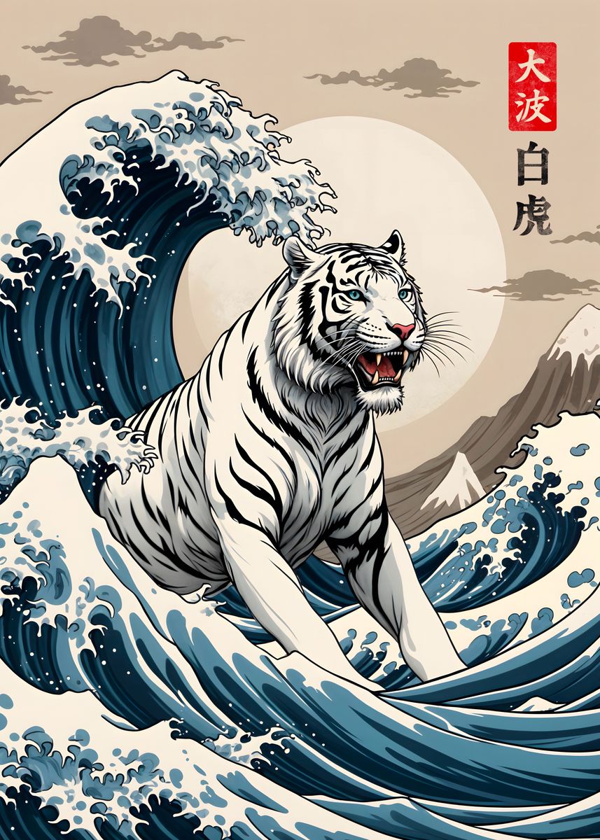 'White Tiger Wave' Poster, picture, metal print, paint by Illust Artz ...