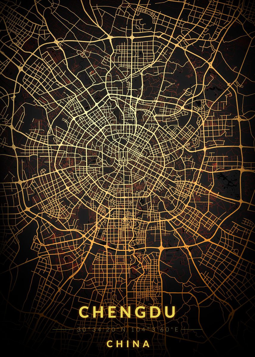 'Chengdu City Map' Poster, picture, metal print, paint by Jerhus | Displate