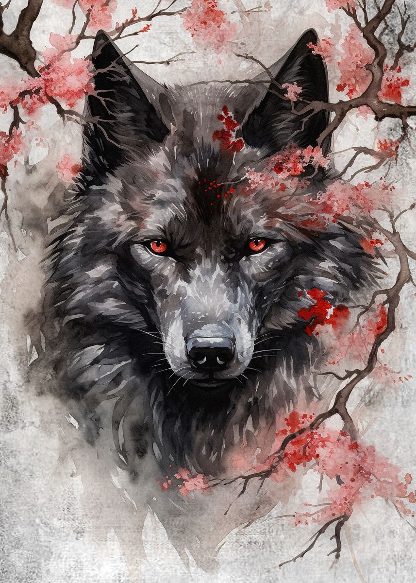 'Wolf Cherry Blossoms' Poster, picture, metal print, paint by ...