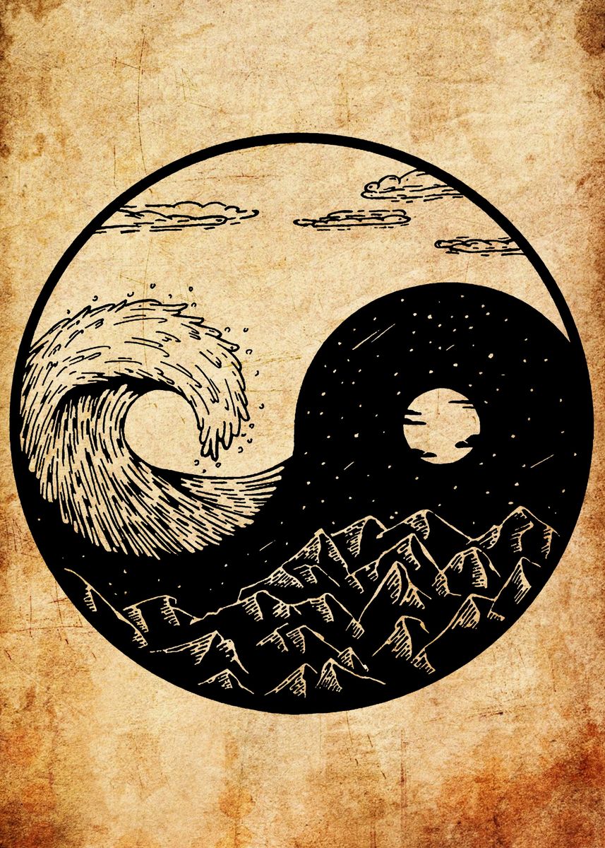 'Yin Yang Wave & Mountains' Poster, picture, metal print, paint by ...