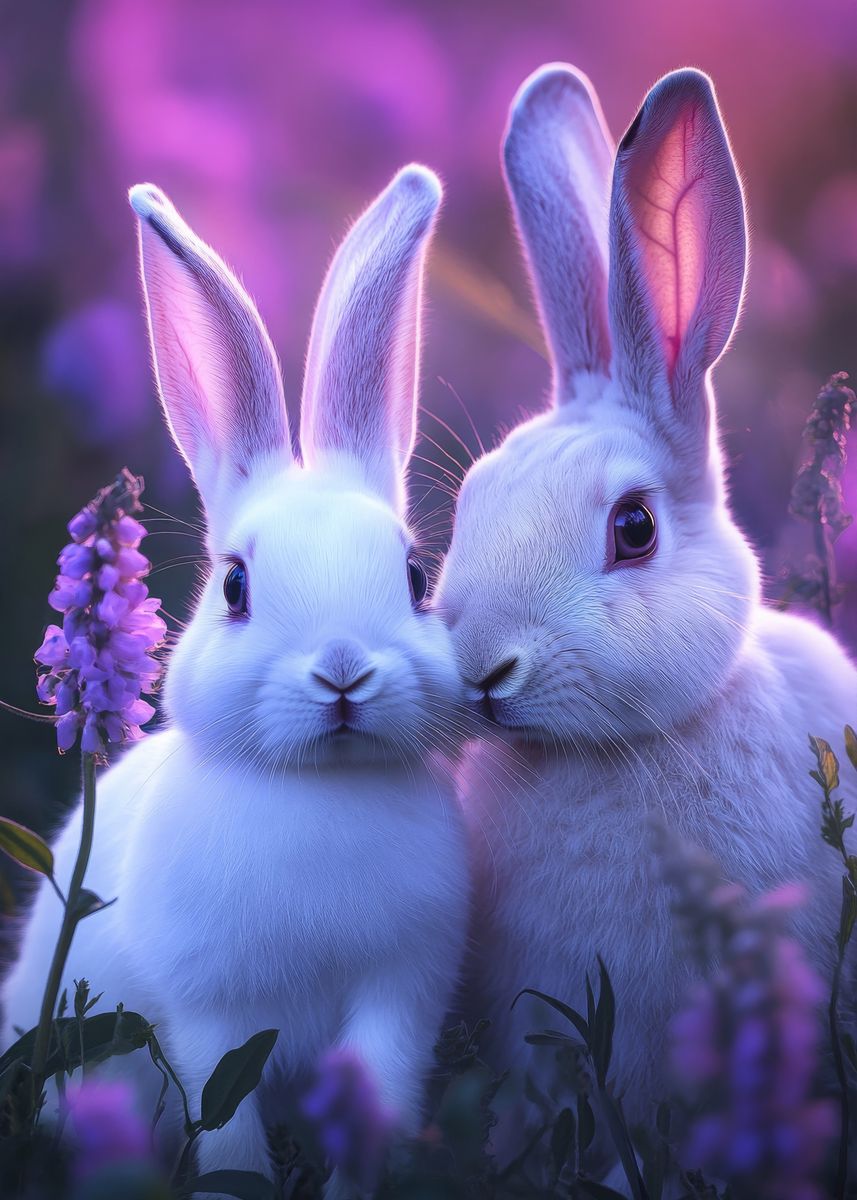 'Two White Rabbits in Flowers' Poster, picture, metal print, paint by ...
