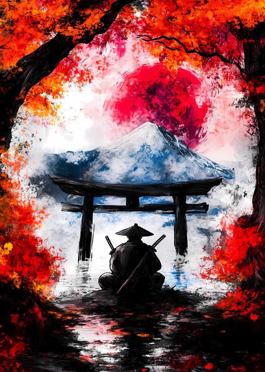 'Samurai Under Red Moon' Poster, picture, metal print, paint by ...