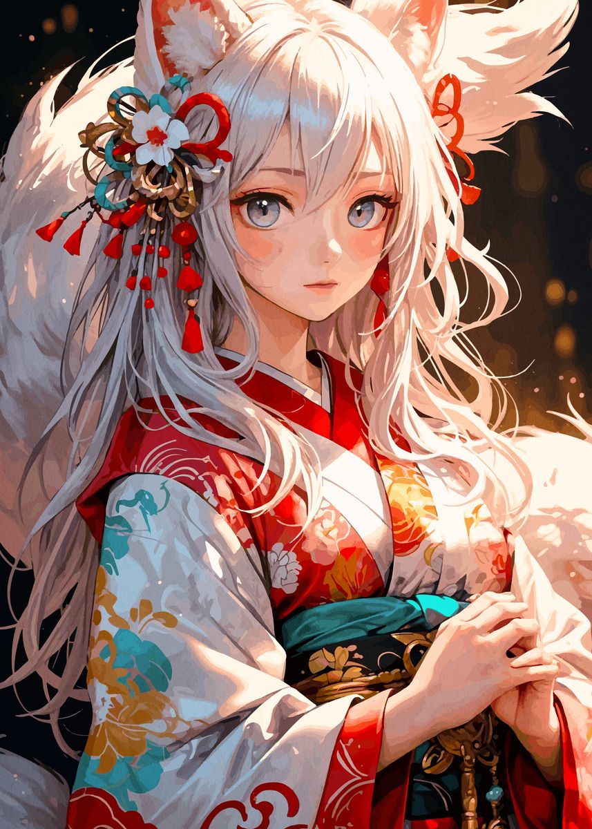 'Anime Fox Girl in Kimono' Poster, picture, metal print, paint by ...