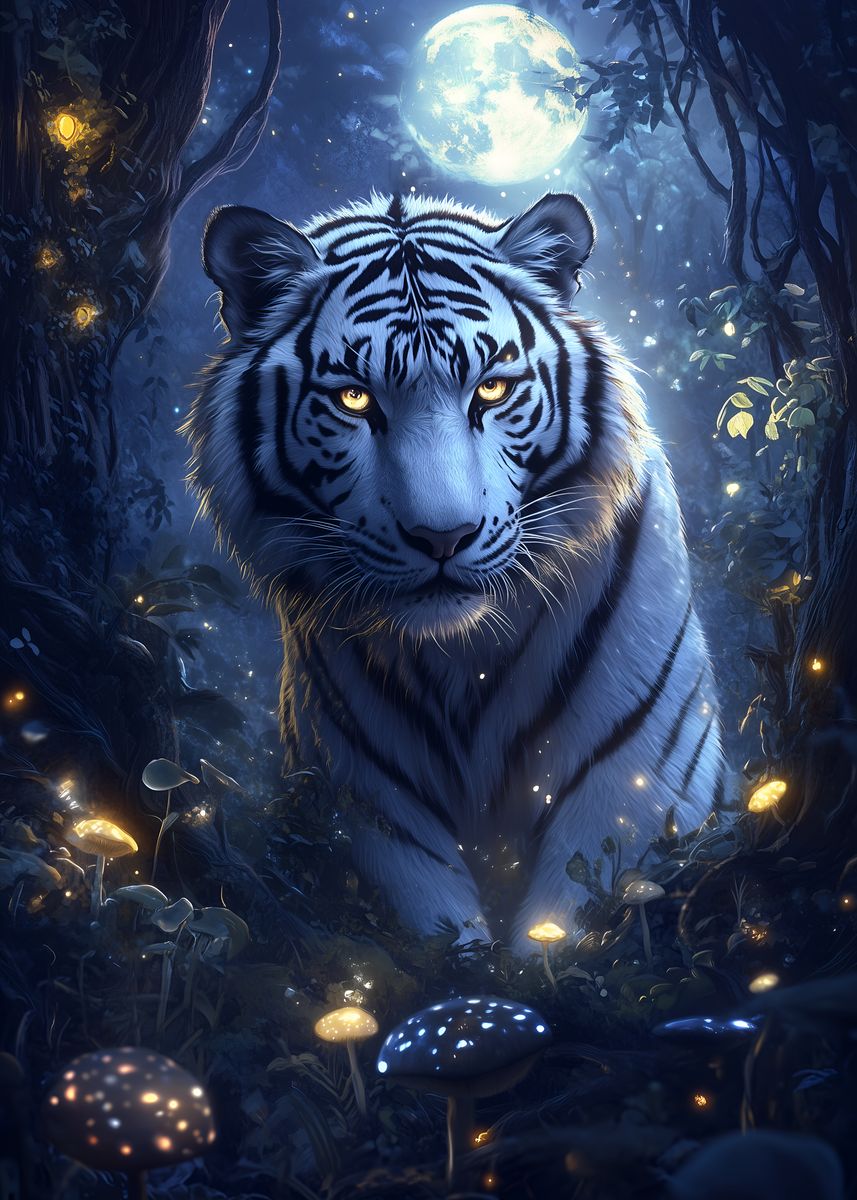 'White Tiger in Moonlight' Poster, picture, metal print, paint by AI ...
