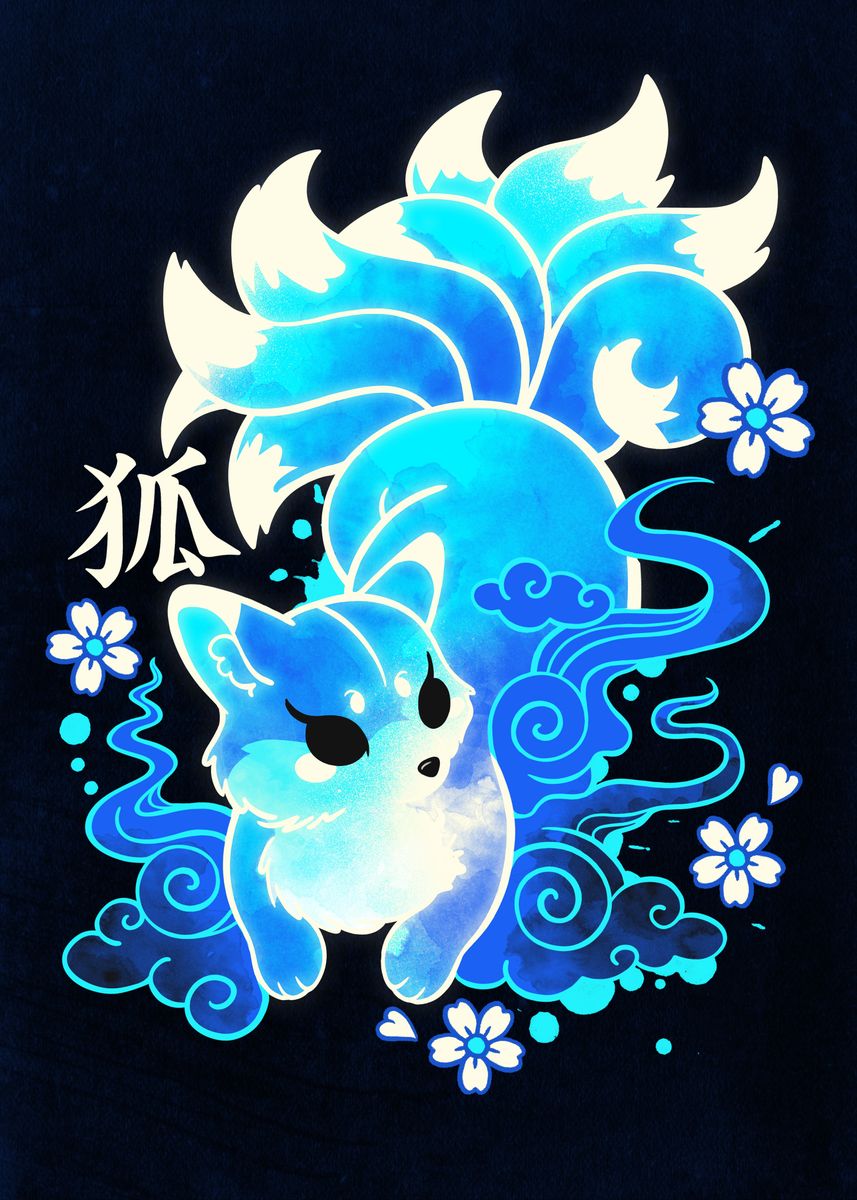 'Blue Kitsune with Nine Tails' Poster, picture, metal print, paint by ...