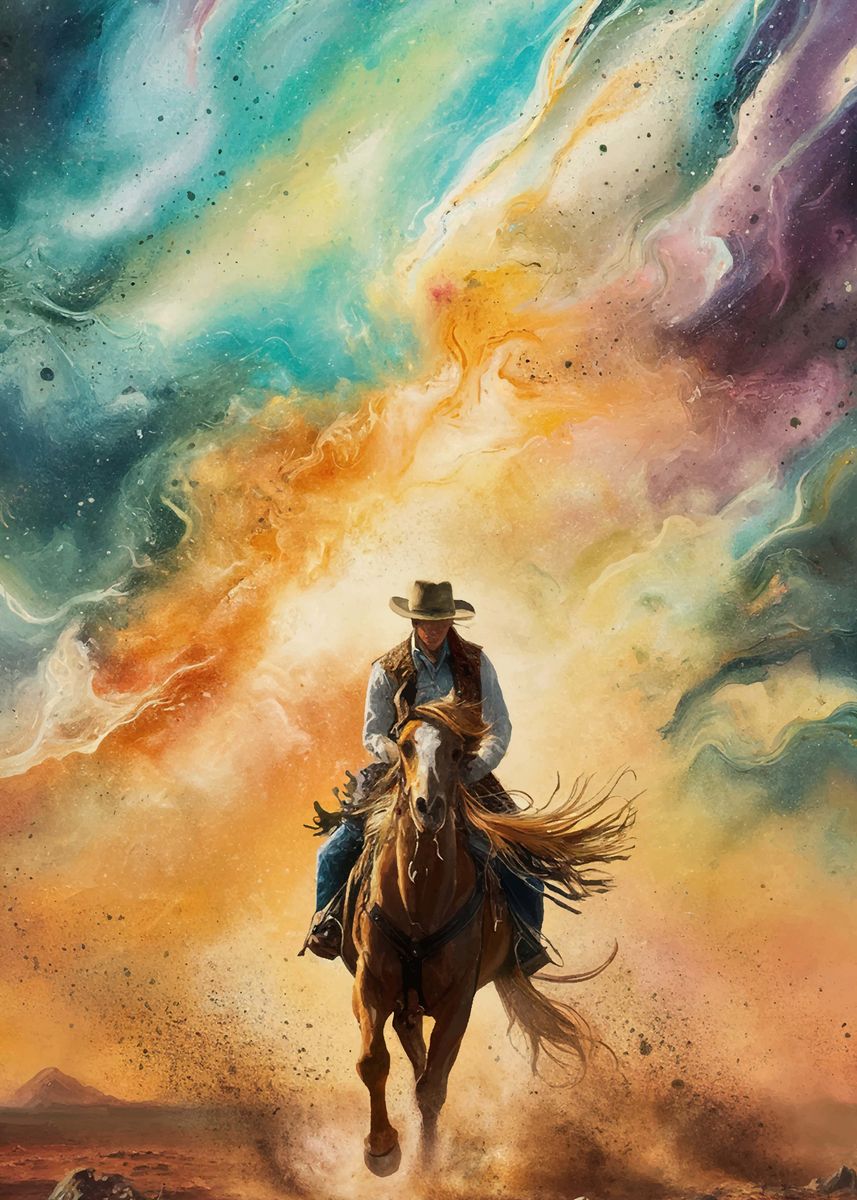 'Cowboy Riding Through Nebula' Poster, picture, metal print, paint by ...