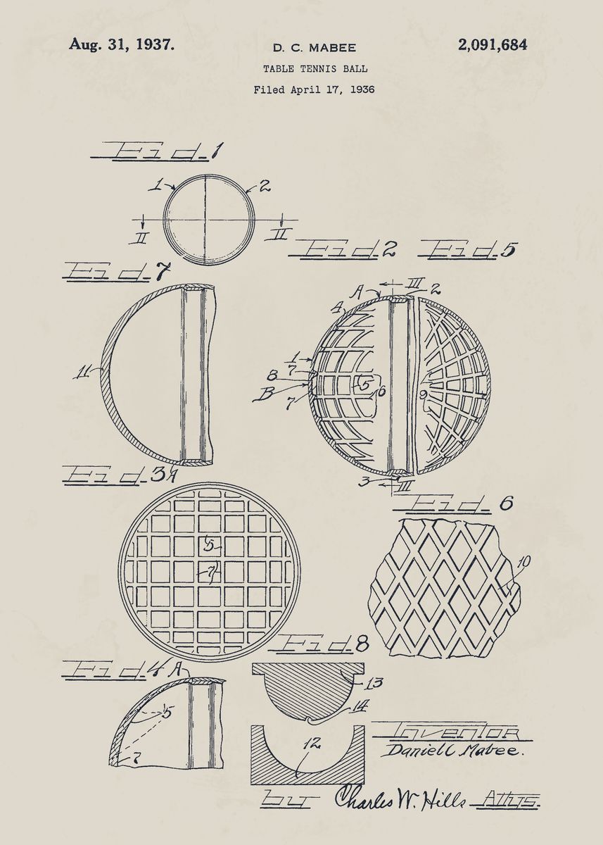 'Table Tennis Ball Patent Drawing' Poster, picture, metal print, paint ...