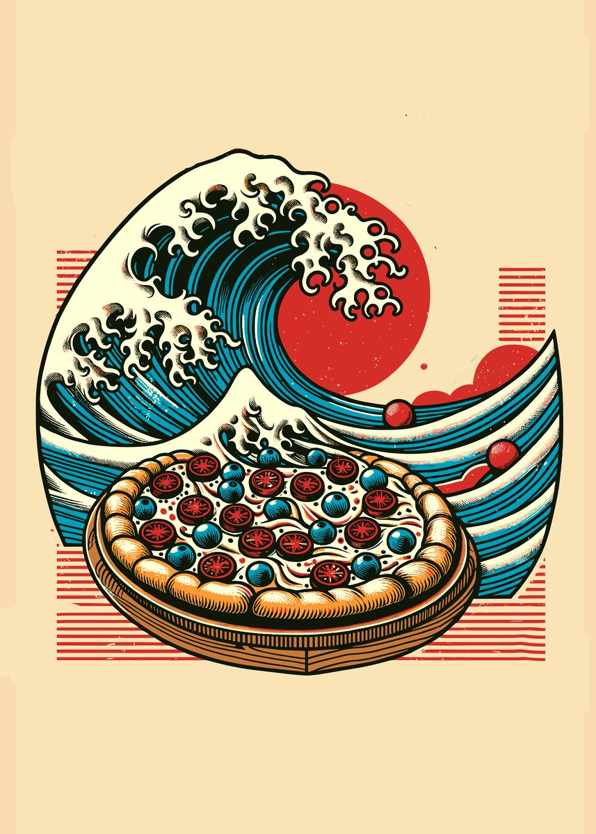 'Pizza Wave Ukiyo-e' Poster, picture, metal print, paint by ga ga | Displate