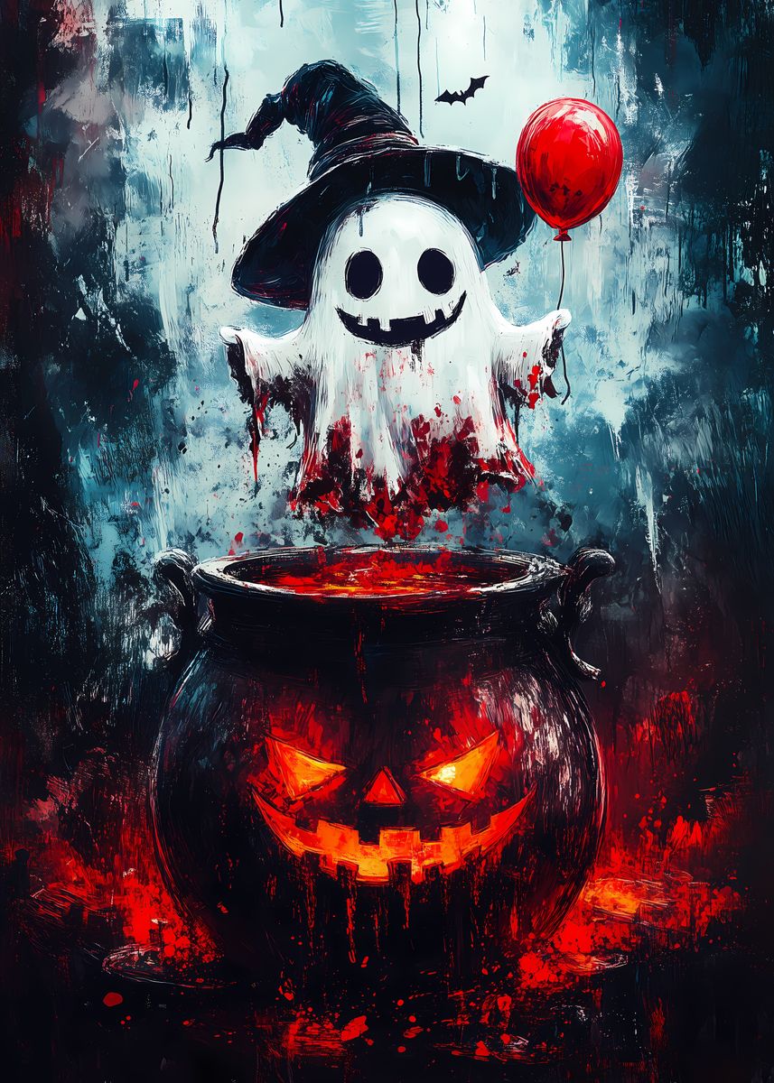 'Halloween Ghost with Cauldron' Poster, picture, metal print, paint by ...