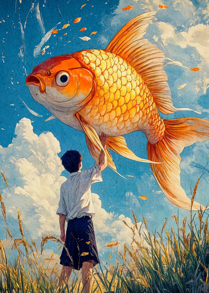 'Boy Holding Goldfish' Poster, picture, metal print, paint by Inaaya ...
