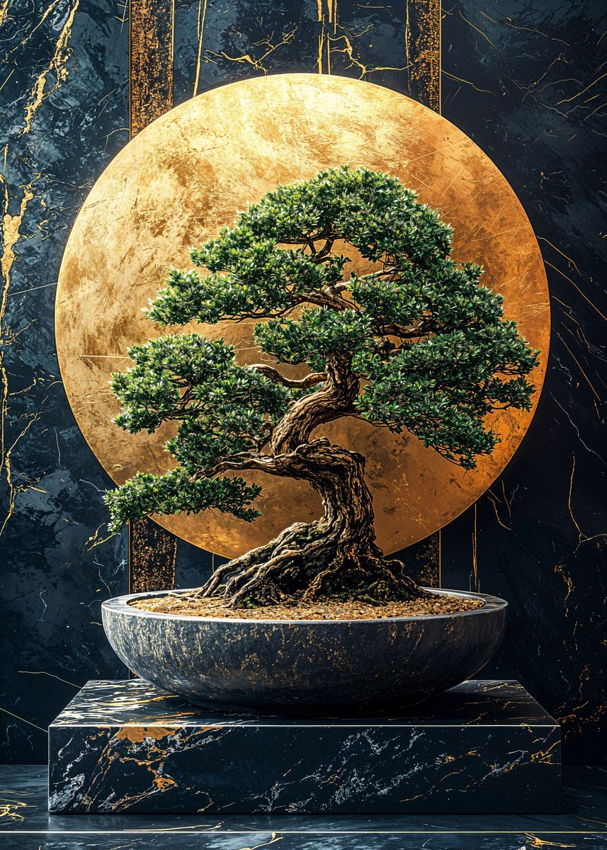 'Bonsai Tree with Golden Moon' Poster, picture, metal print, paint by ...