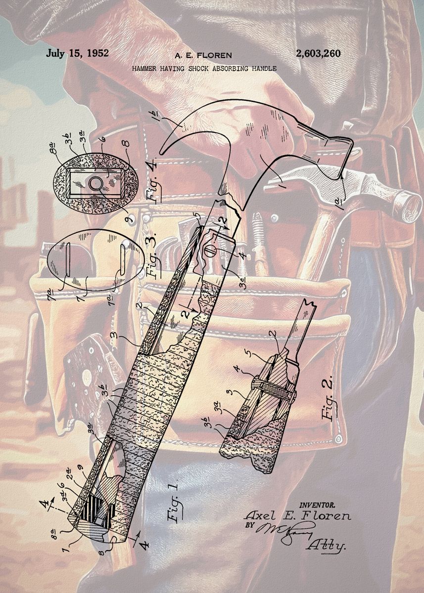 '1952 Hammer Patent Illustration' Poster, picture, metal print, paint ...