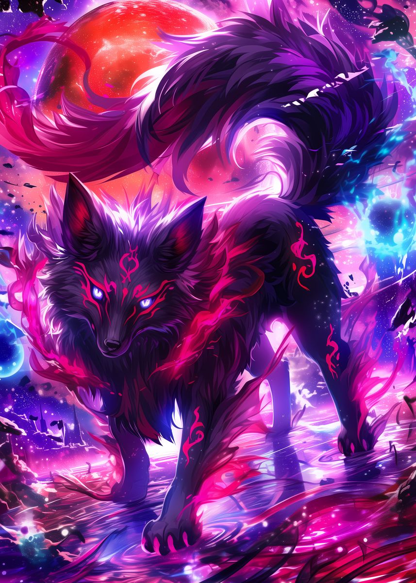 'Black Fox with Red Moon' Poster, picture, metal print, paint by ...