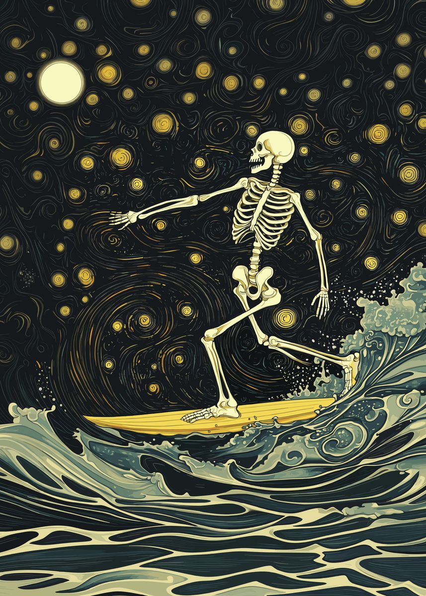 'Skeleton Starry Night Surfer' Poster, picture, metal print, paint by ...