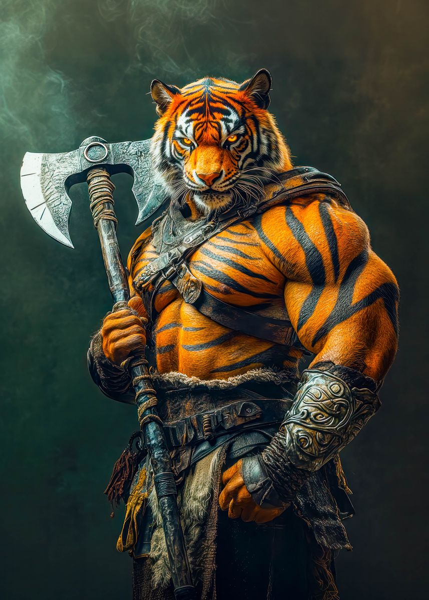 'Medieval Fantasy Tiger Warrior with Axe' Poster, picture, metal print ...