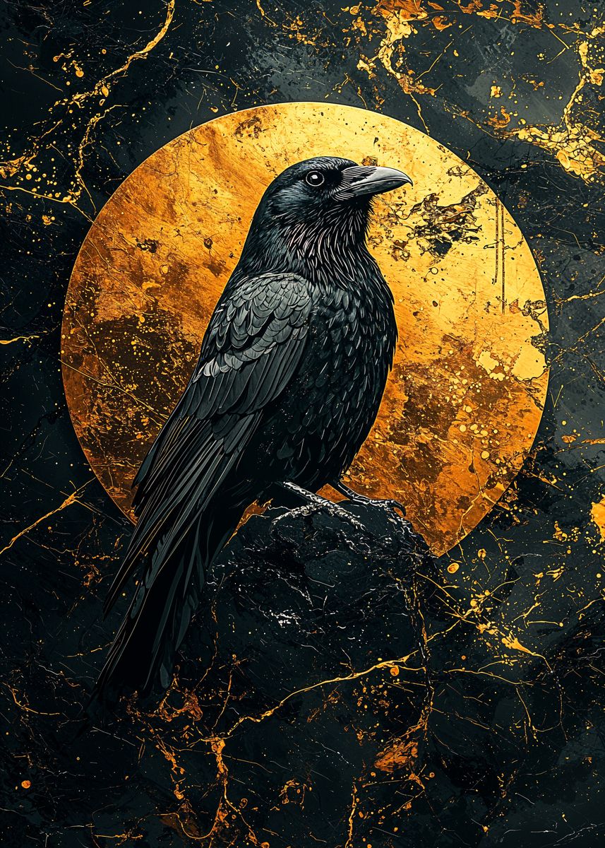 'Raven and Golden Moon' Poster, picture, metal print, paint by ...