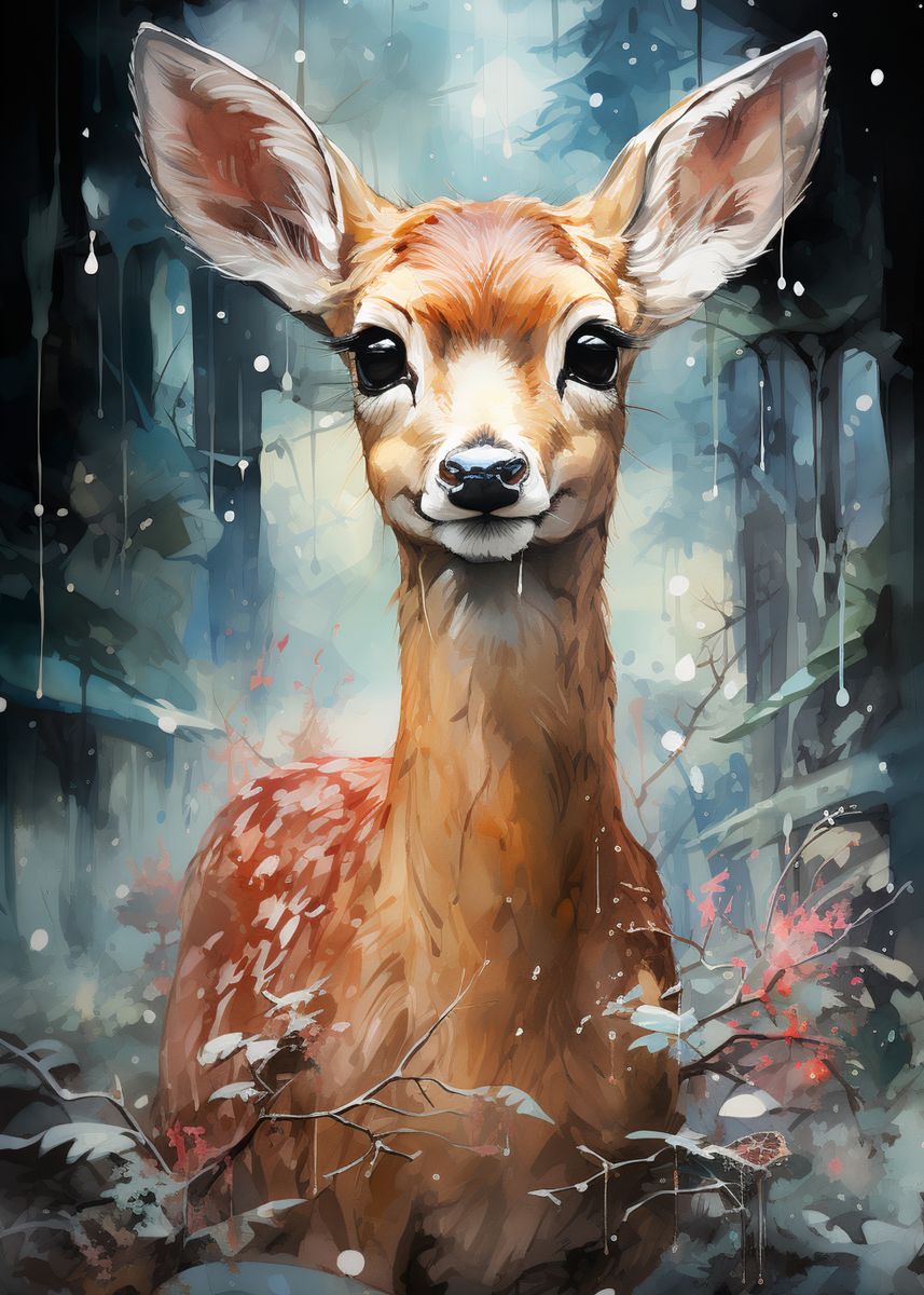 'Fawn in Winter Forest' Poster, picture, metal print, paint by Scarfly ...