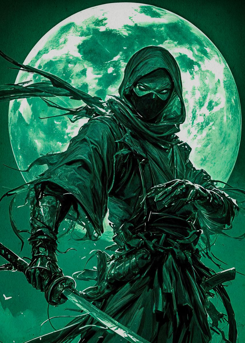 'Green Ninja Moonlight' Poster, picture, metal print, paint by Christy ...