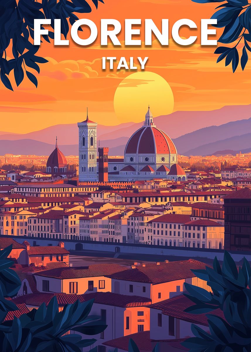 'Florence Sunset Cityscape' Poster, picture, metal print, paint by Tapu Vlad | Displate