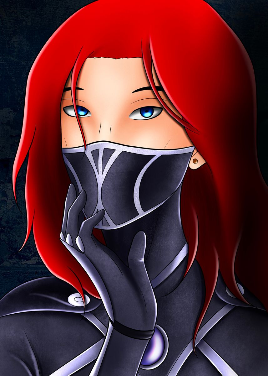 'Red-Haired Anime Woman in Mask' Poster, picture, metal print, paint by ...
