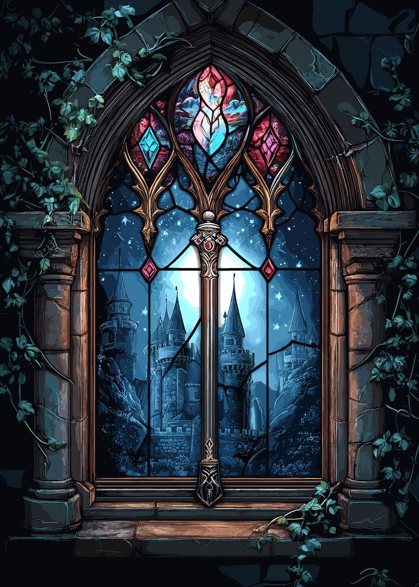 'Stained Glass Castle Window View' Poster, picture, metal print, paint ...
