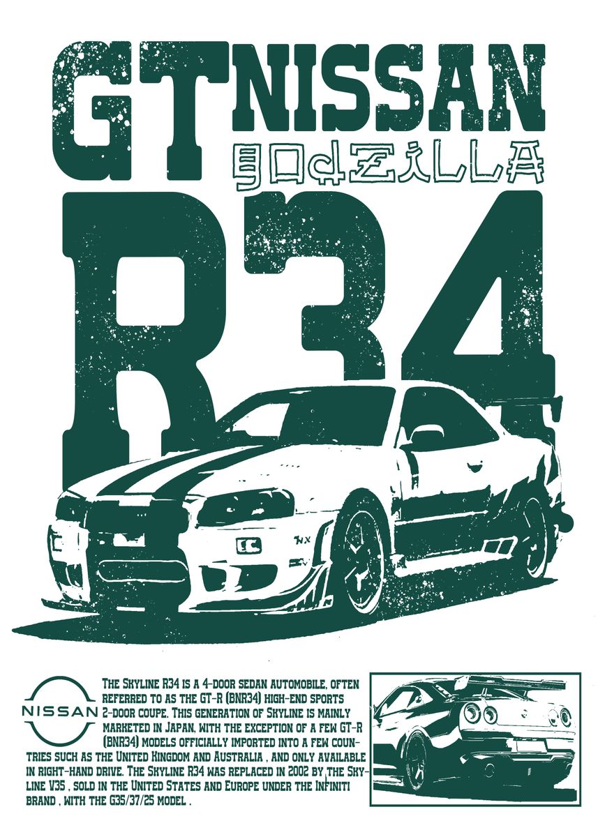 'Nissan Skyline GT-R R34' Poster, picture, metal print, paint by I Made ...
