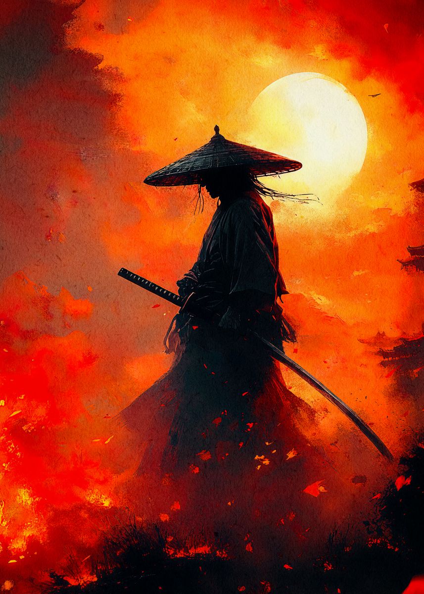 'Samurai Fiery Sunset' Poster, picture, metal print, paint by Aditya ...