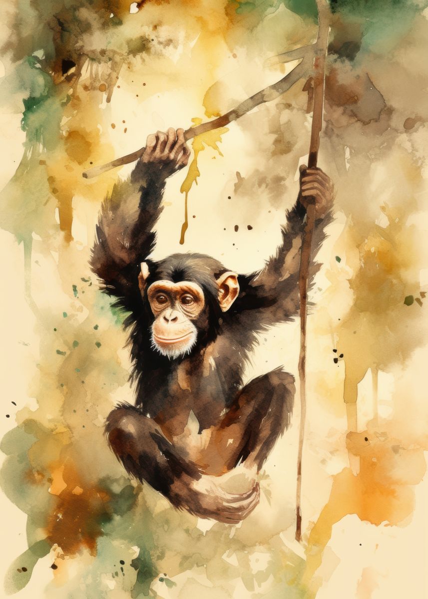 'Chimpanzee Watercolor Painting' Poster, picture, metal print, paint by ...